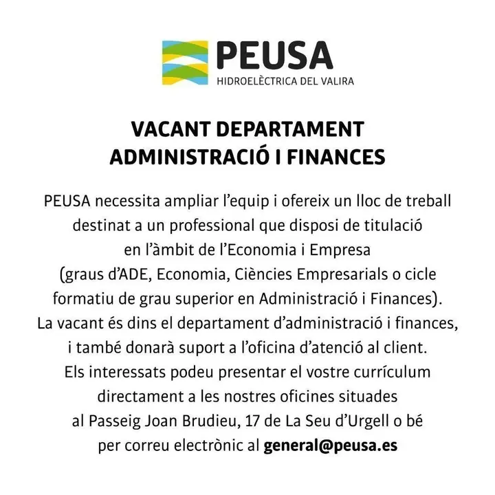 PEUSA busca una persona per al Departament d'Admnistració i Finances